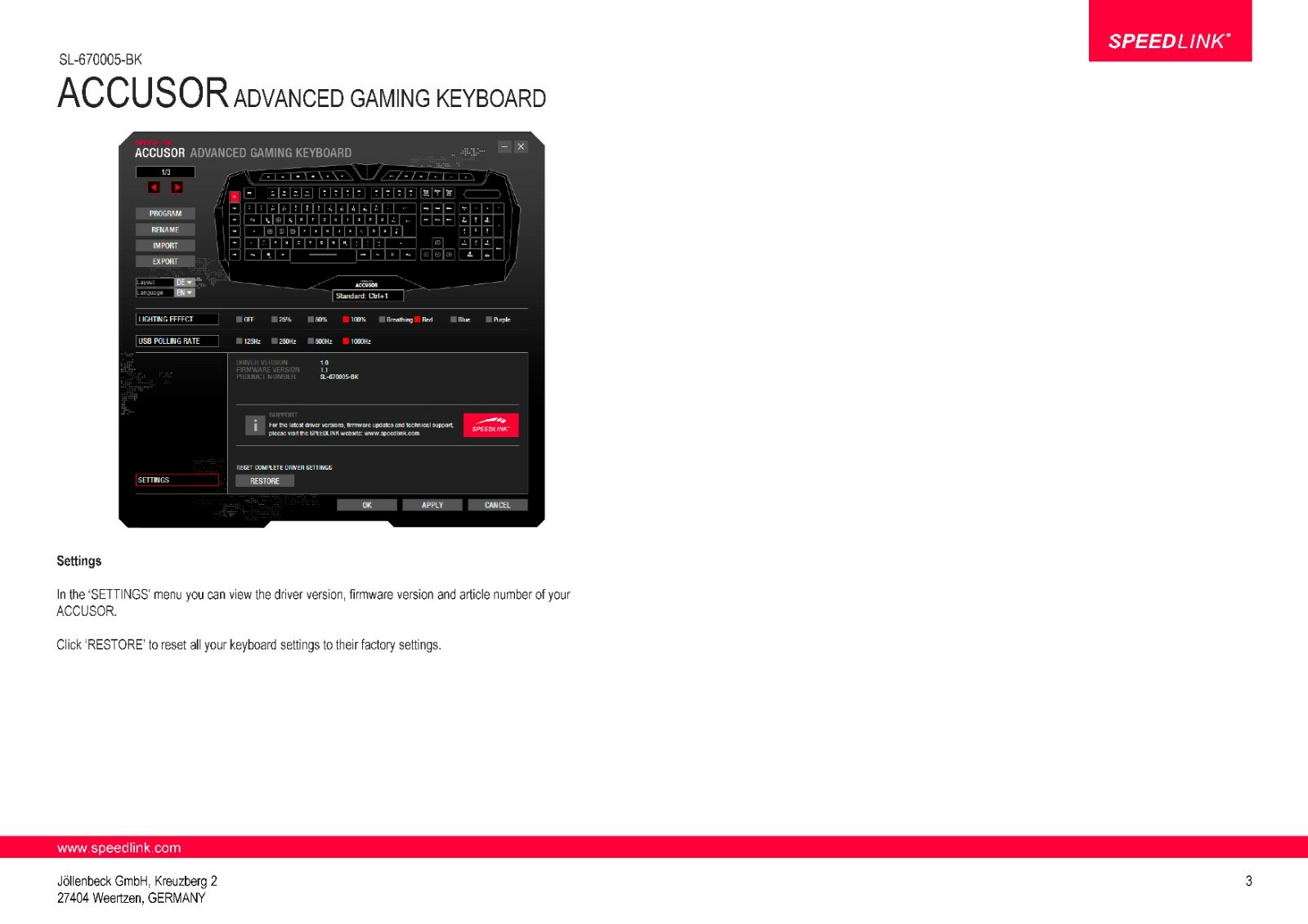 SPEED LINK ACCUSOR ADVANCED LED GAMING KEYBOARD BLACK-US LAYOUT SL ...