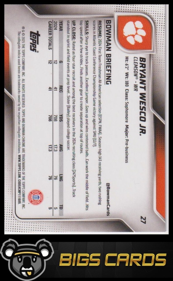 2025 Bowman Universit #27 Bryant Wesco Jr. Yellow Mini-Diamond #/350 | eBay