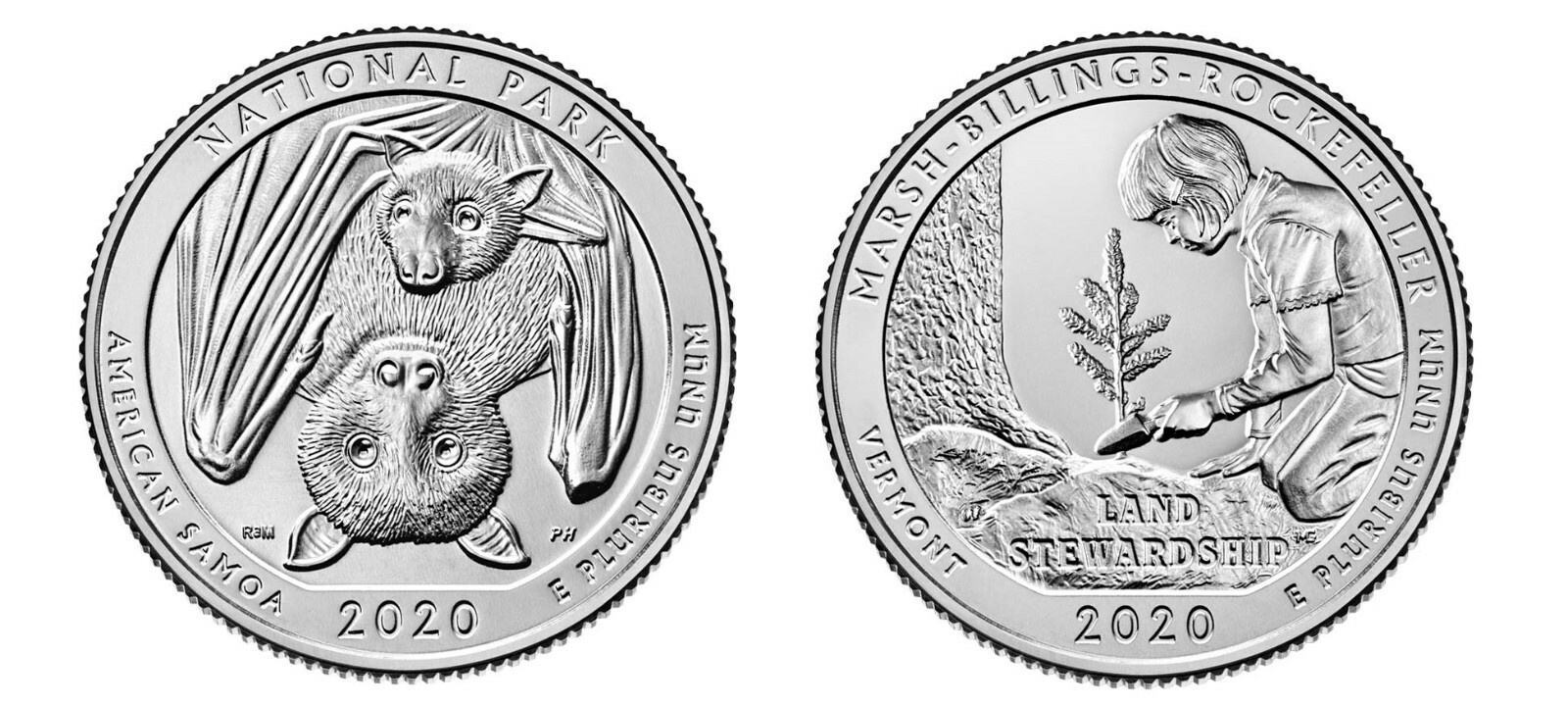 🇺🇸 New 2020 US Quarter 2 coins of 25 cents, Samoa Bat + Rockefeller ...