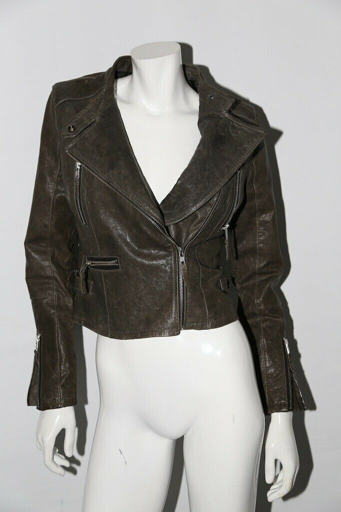 TRUE RELIGION Olive Green Leather Biker Moto Short Ja… - Gem