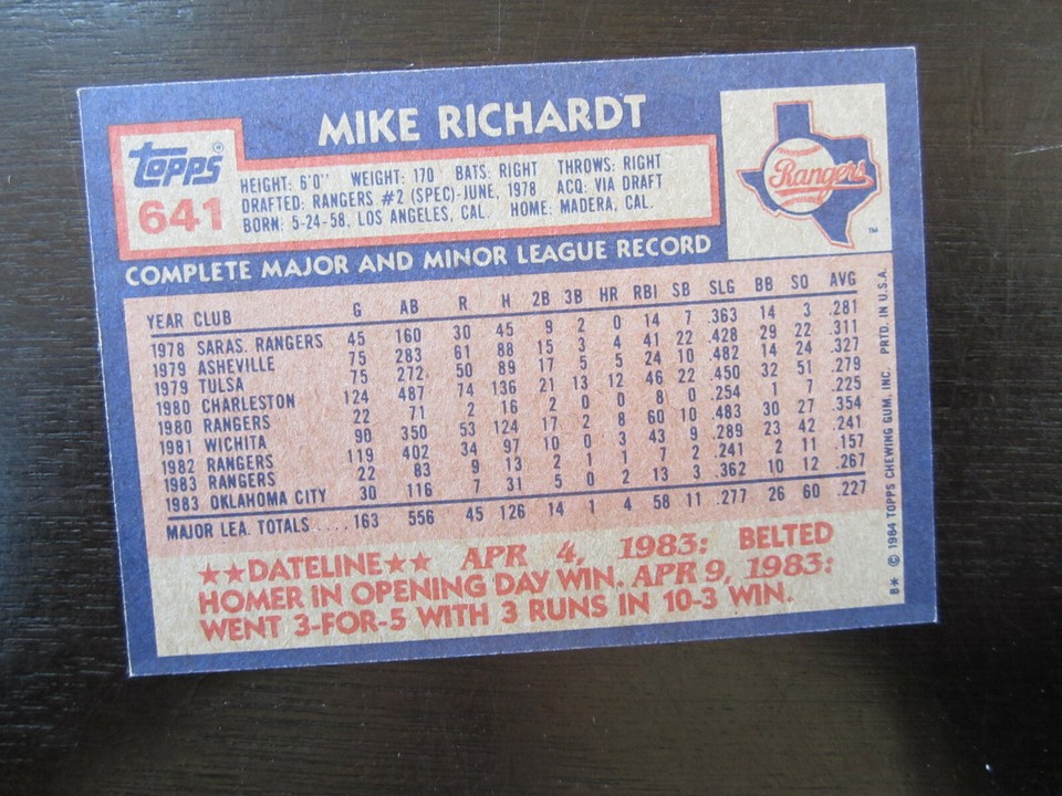 1984 Topps # 641 Mike Richardt Autograph Signed Card (B) Texas Rangers ...