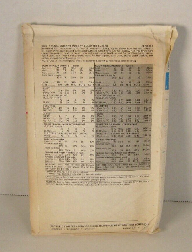 Butterick 5625 Vintage Western Shirt, Culottes & Jeans Junior 11 ...