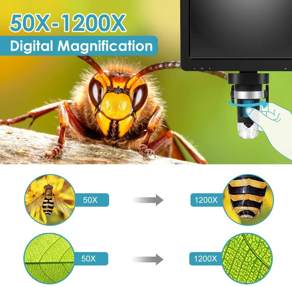 7” LCD 1080P Digital Microscope 1200X Video Magnification Camera ...