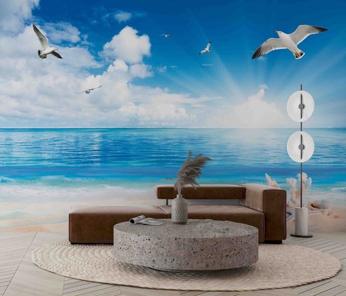 3D Blue Sky Beach Seagull View Wall Murals Wallpaper Murals Wall ...