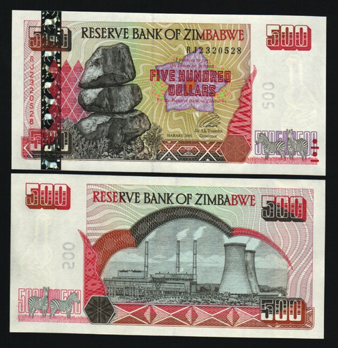 Zimbabwe 500 DOLLARS P-10 2001 Tsumba Sign SILVER Foil UNC Zimbabwean ...