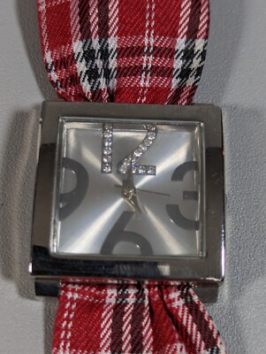 Silver Tone Dial Square Case Red Plaid Canvas Band Watch | eBay