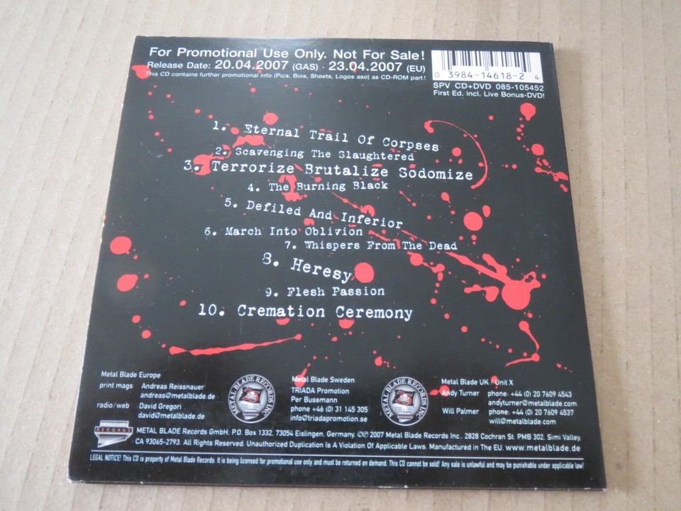 VOMITORY -TERRORIZE BRUTALIZE SODOMIZE- HARD TO FIND PROMO PRESS CD ...