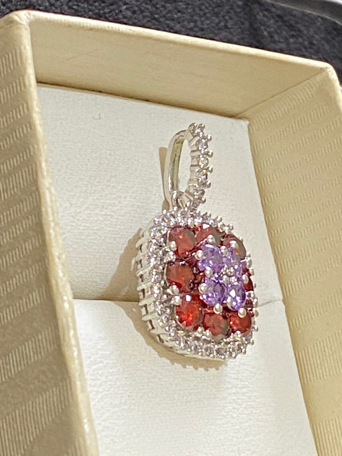 Simulated Gems Red Ruby Purple Amethyst Diamond Crystal Silver Pendant ...