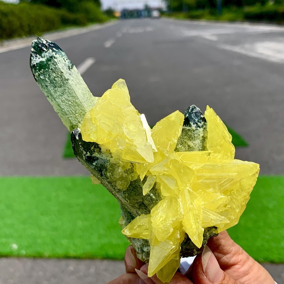 286G New Find Green Phantom Quartz with Yellow sulfur Cluster Mineral ...