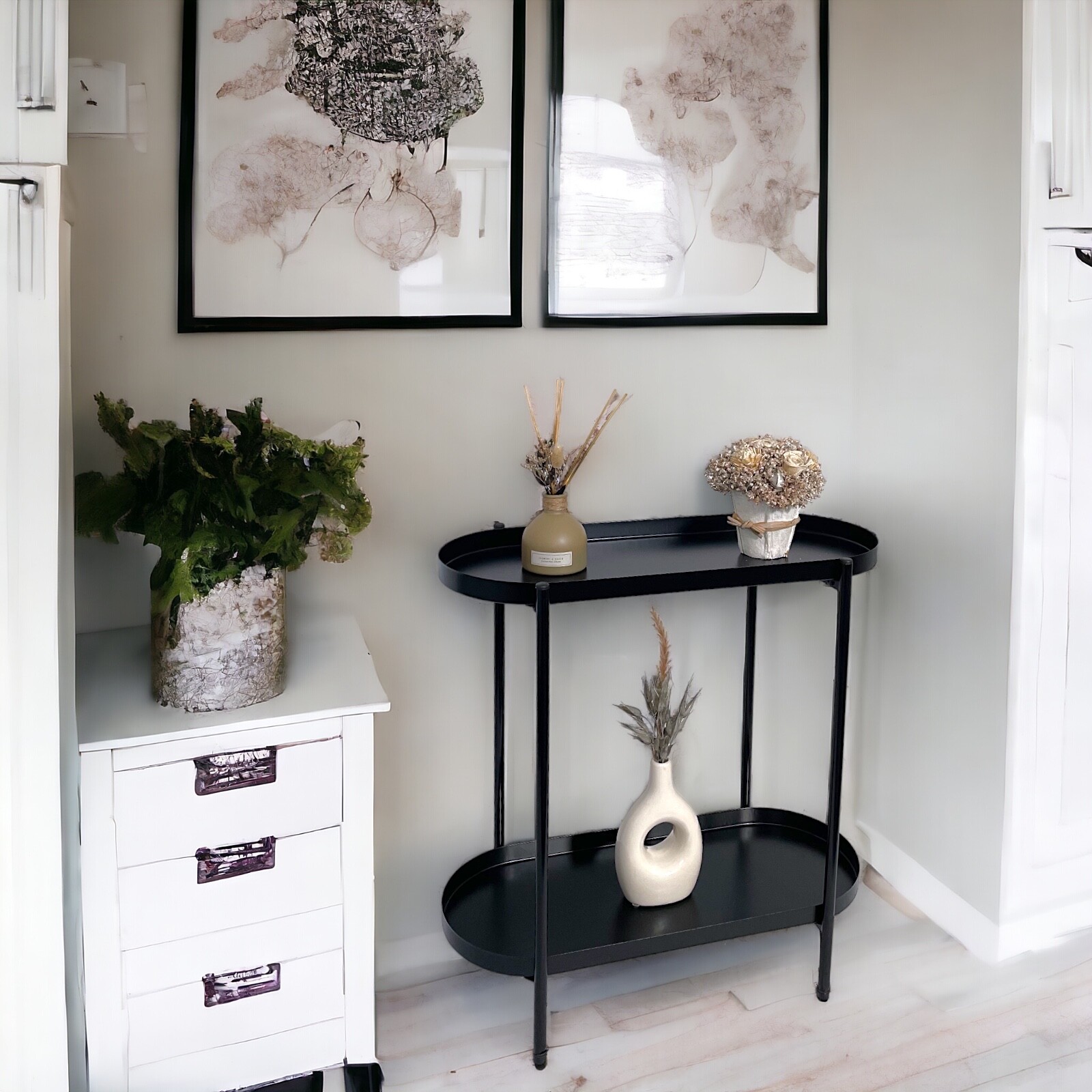 2 Tier Black Metal Contemporary Side Table End Table 2 Tier Oval Drink ...