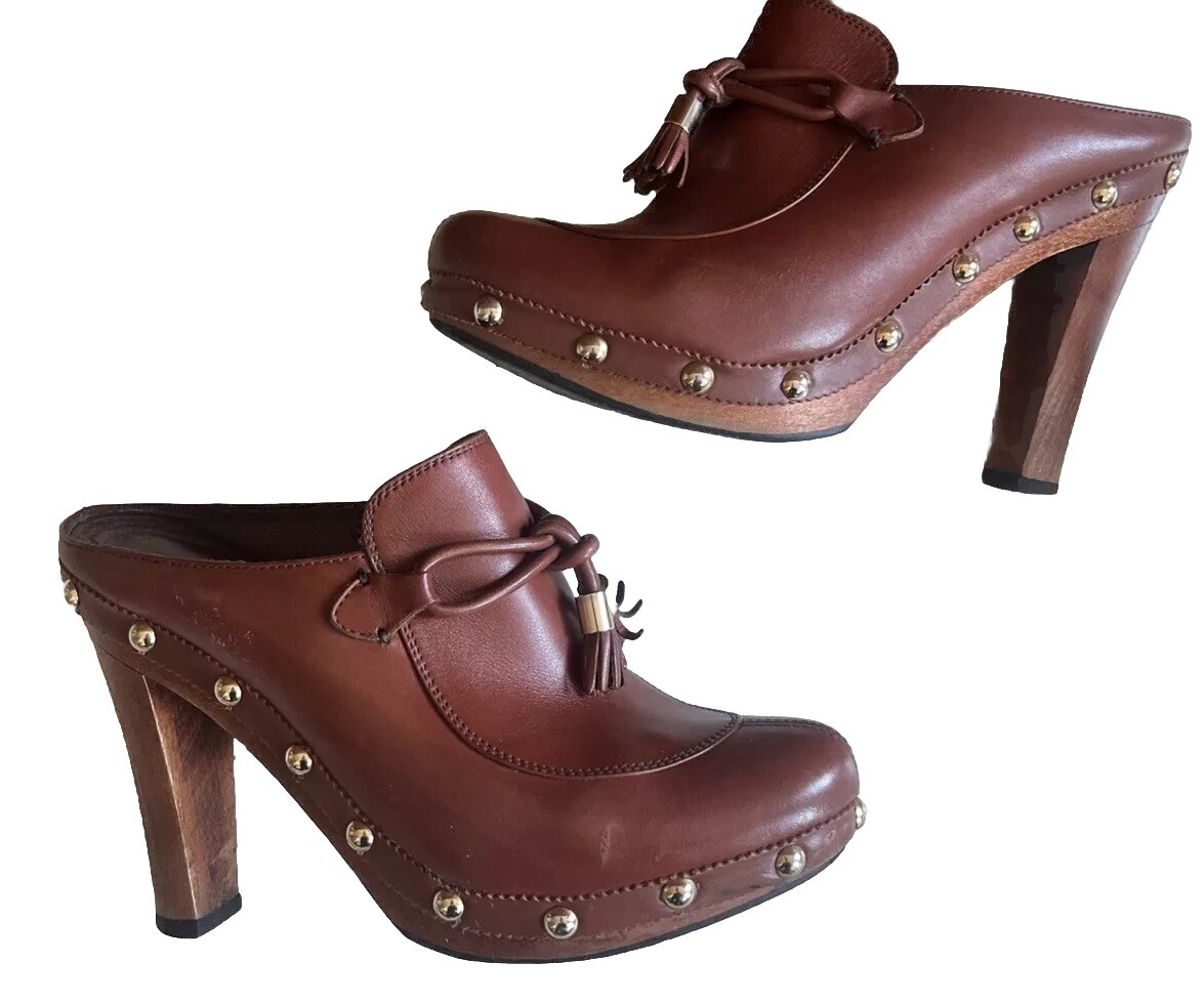 Yves Saint Laurent Studded Tassle Clogs Wood Heel Brown Sz 40 Authentic ...