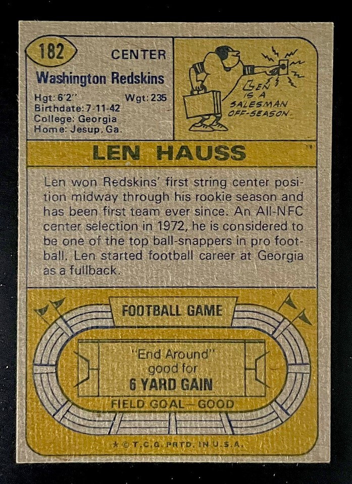 1974 Topps #182 Len Hauss - Washington Redskins Vintage Football Card ...