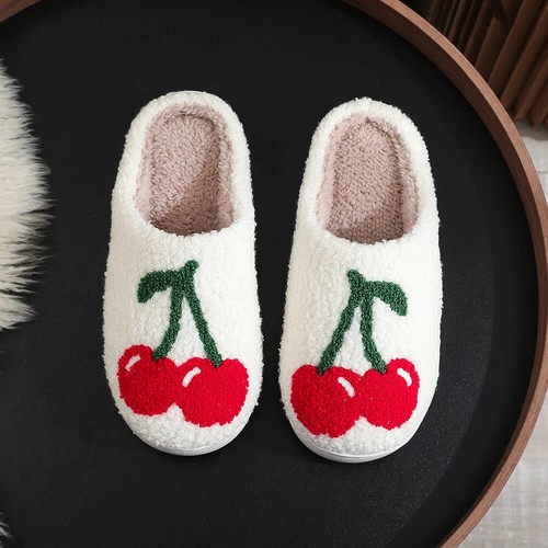 Women's Fluffy Cherry Slippers Winter Warm Plush Anti-Slip Home Shoes ...