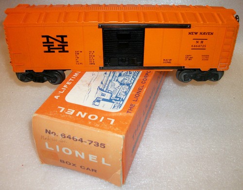 LIONEL POSTWAR 6464-725 ORANGE NEW HAVEN BOX CAR EXC+ w/DIE CAST TRUCKS ...