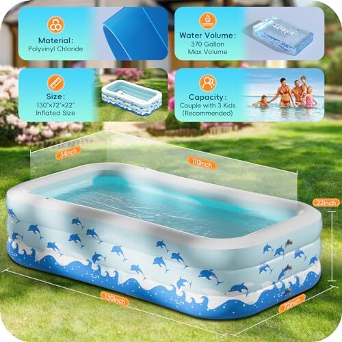 Inflatable Pool with Seats, Size:130"x 72" x 22" Ultra Thick Kiddie ...