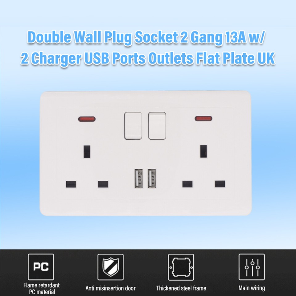 Double Wall Plug Socket 2 Gang 13A With 2 Charger USB Ports Outlets ...