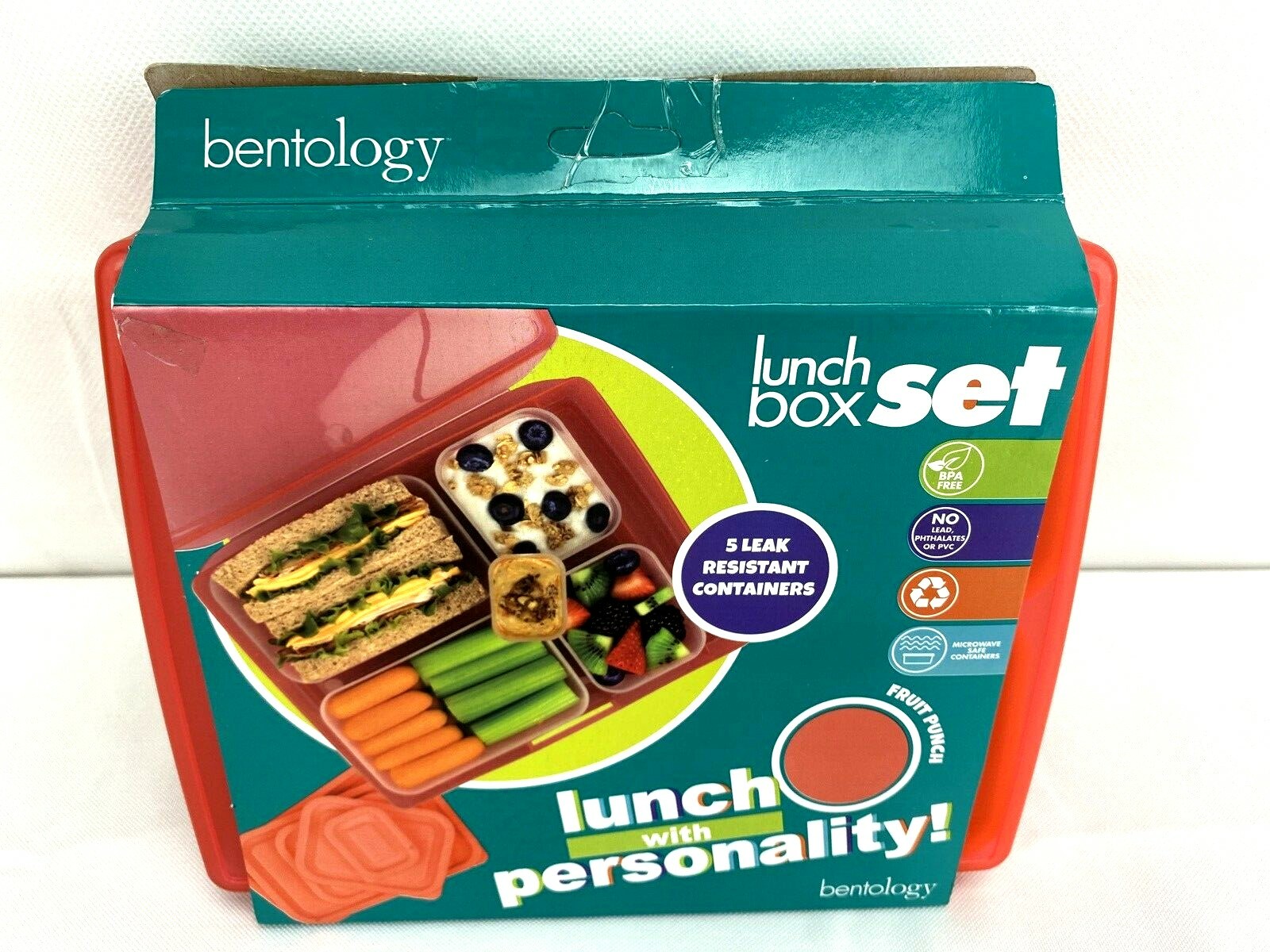 Bentology Lunch Box Set 5 Plastic Leak Resistant Containers Fruit Punch ...