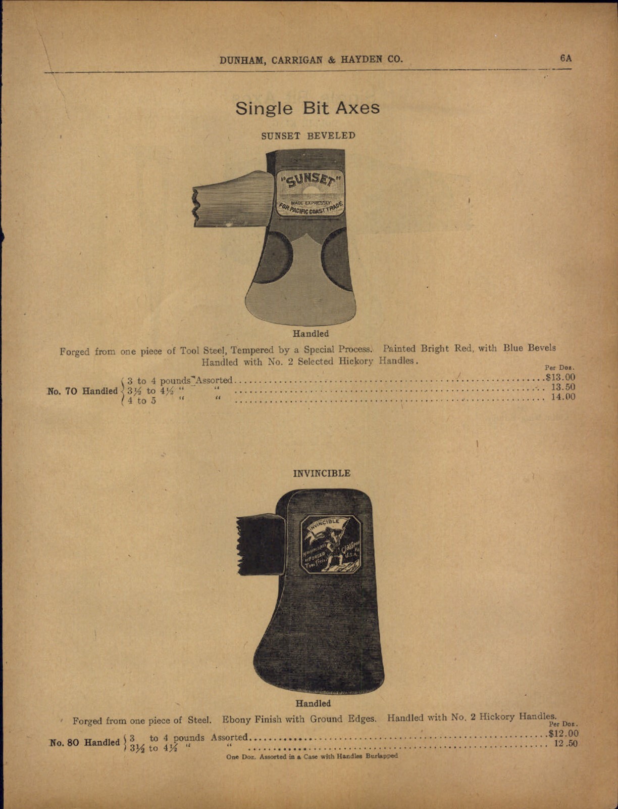 1909 PAPER AD Sunset Beveled Single Bit Axe Axes Invincible Collie King ...