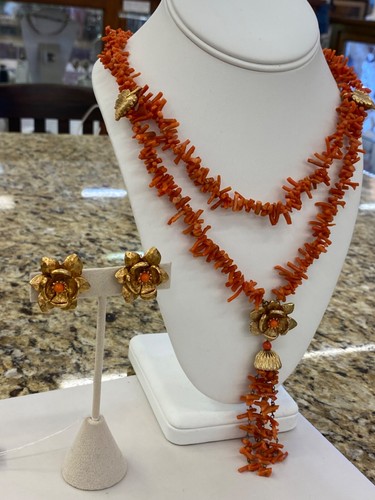 Demi Parure 1960’s Signed Hobe Faux Coral Necklace & Earrings | eBay
