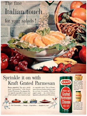 1961 Kraft Print Ad, Grated Parmesan Cheese Italian Touch On Salads 70 ...