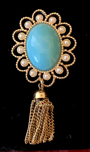 Vtg SARAH COVENTRY Faux Turquoise & Pearl Gold Tone Brooch | eBay