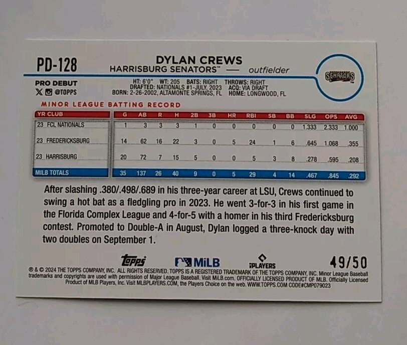 2024 24 Topps Pro Debut Dylan Crews Nationals # PD-128 Gold Foil ...