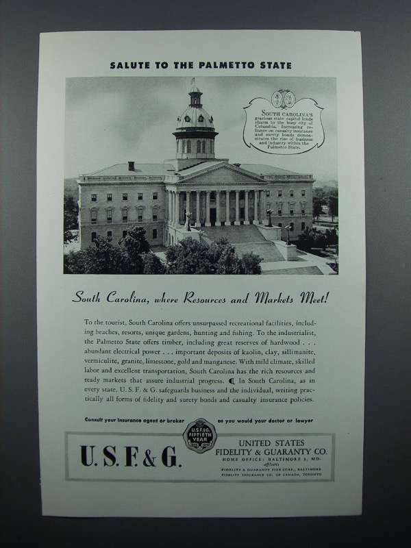 1946 USF&G Insurance Ad - Palmetto State, S. Carolina | eBay