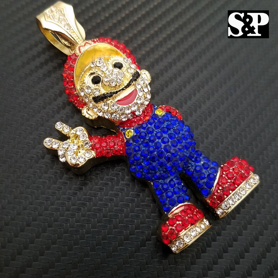 HIP HOP ICED BLING GOLD PLATED SUPER MARIO CUBIC ZIRCONIA LARGE CHARM ...