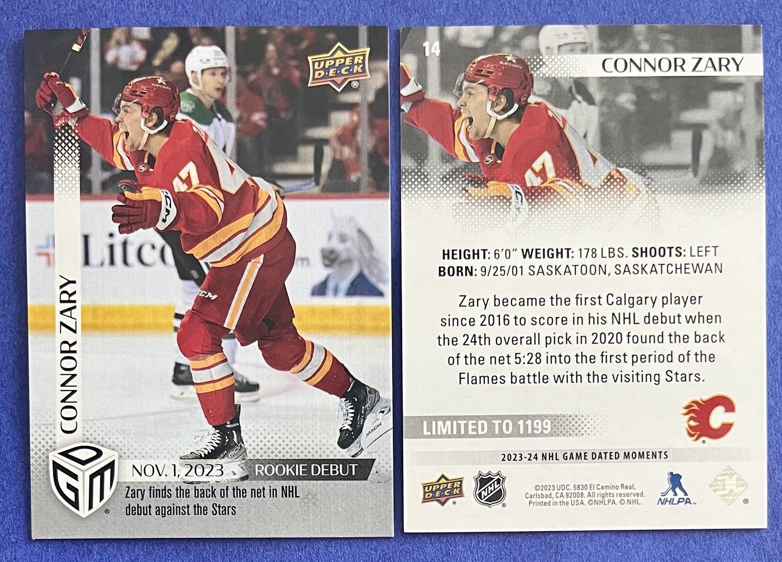 Connor Zary 2023-24 Upper Deck Game Dated Moments ROOKIE DEBUT #14 ...