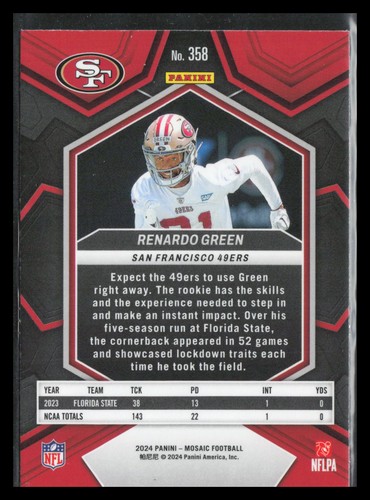 2024 Panini Mosaic Rookie #358 Renardo Green San Francisco 49ers ...