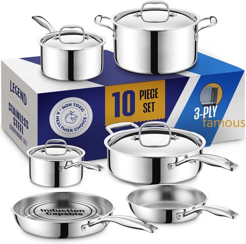 LEGEND COOKWARE 3 Ply Stainless Steel Pots and Pans Set | 10-Piece,New ...