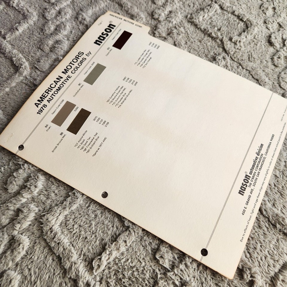 1978 American Motors Automotive Colors by Nason Paint Chip Sample Sheet ...