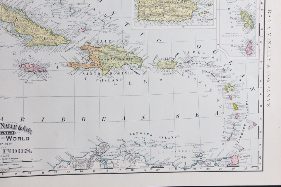 Original 1892 West Indies Cuba Jamaica Puerto Rico Map 22" x 16" Rand ...