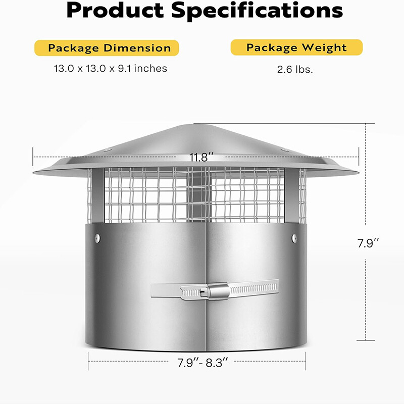 8" Cone Top Chimney Cap w/ Screen, Adjustable Round Roof Rain Chimney ...