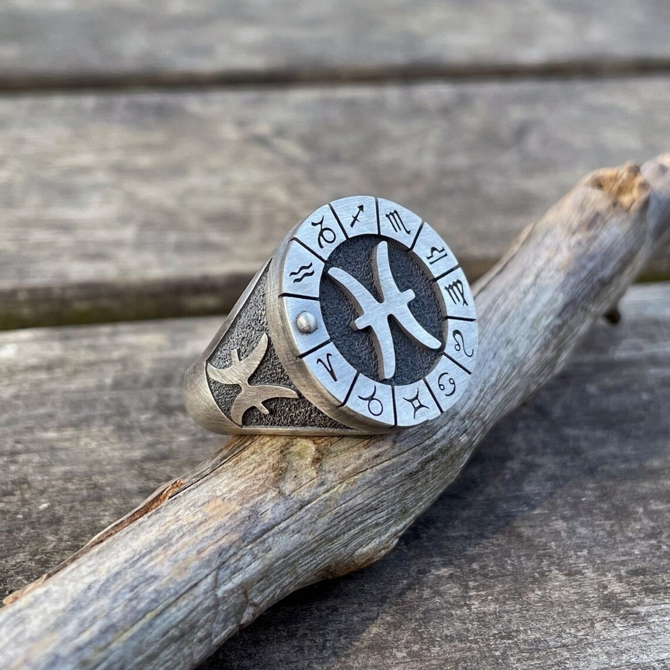 Pisces Zodiac 925 Sterling Silver Oxidized Signet Ring Duty Free | eBay