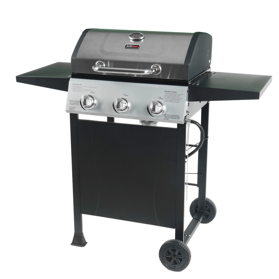 27,000 BTU 3 Burner Gas Grill with Wheels, Cover, & Side Shelves (Open ...