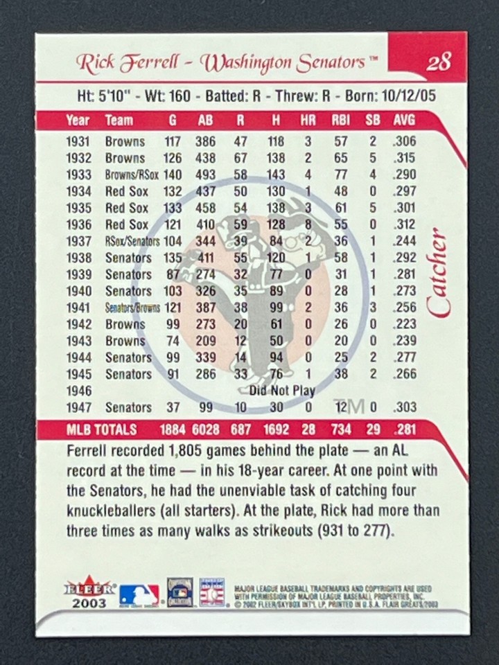 RICK FERRELL 2003 Fleer Flair Greats #28 Washington Senators HOF | eBay