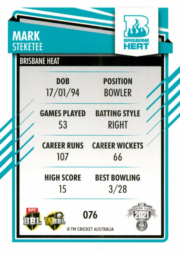 2021 2022 BRISBANE HEAT BBL Cricket Card MARK STEKETEE Traders | eBay