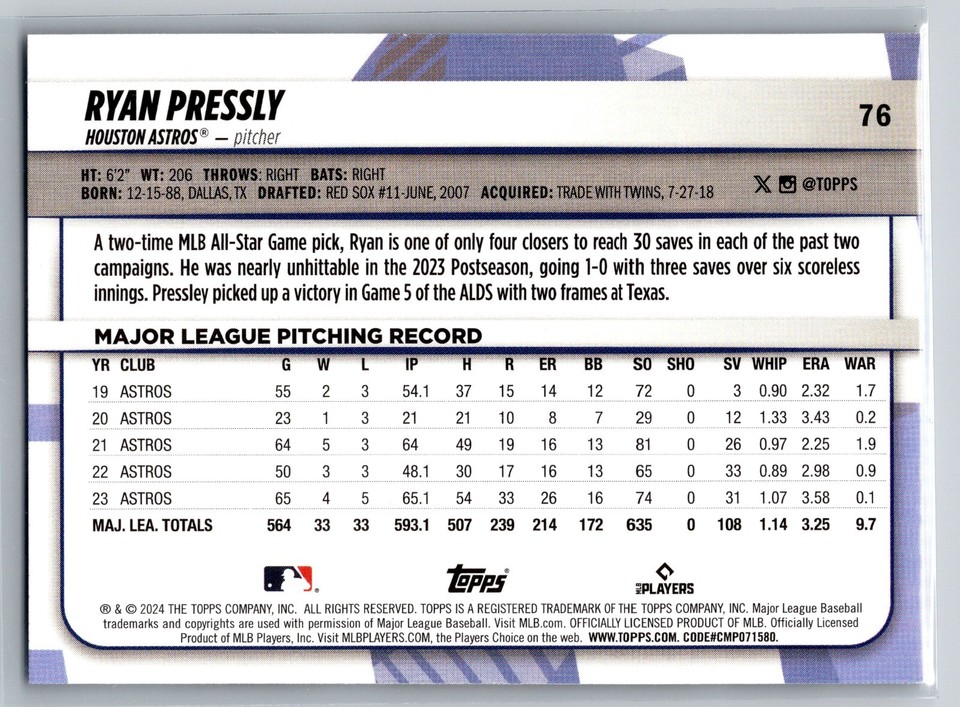 Ryan Pressly 2024 Topps Big League Baseball #76 Houston Astros MLB ...