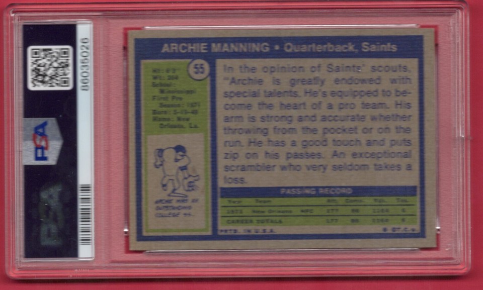 1972 Topps 55 Archie Manning Rookie New Orleans Saints PSA 6 EX-MT ...
