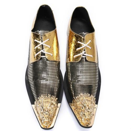 Men's Fashion Metal Head Pointy Toe Lace Up Leather Shoes Party Shine ...