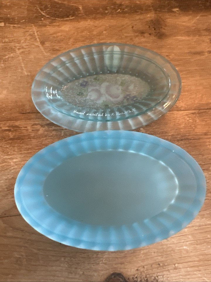 Fenton Art Glass Aqua Oval Dresser Box w Lid Hand Painted Signed ...