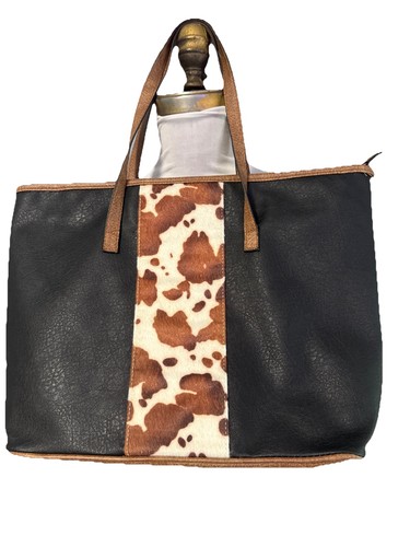 N Gil Black Vegan Leather Lined Tote Bag Purse Animal Print Trim NGIL ...