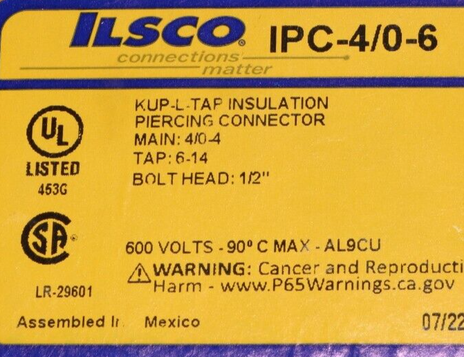 (1) x NEW -- ILSCO -- IPC-4/0-6 KUP-L-TAP Insulation Piercing Connector ...
