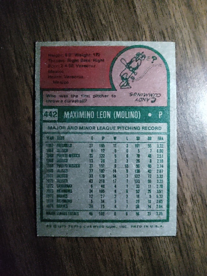 1975 TOPPS BASEBALL SET 442 MAXIMINO LEON ATLANTA BRAVES NM free ...