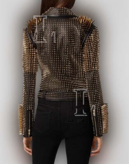 Handmade women Golden Studded Jacket, Golden Spiked Leather Jacket ...
