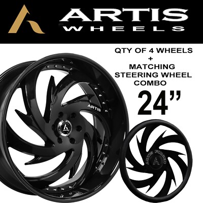 ARTIS 24 INCH GLOSS BLK WHEELS RIMS WITH STEERING WHEEL COMBO GBODY G ...