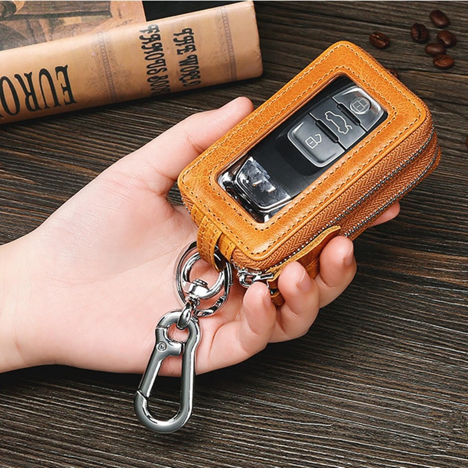 Genuine Leather Car Key Chain Holder Wallet Keychain Bag Double Zipper ...