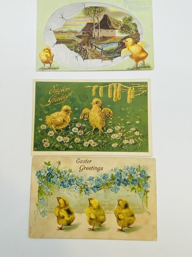 LOT 2 VTG Victorian Antique Easter Postcard Chicken Chick Pulling Egg ...