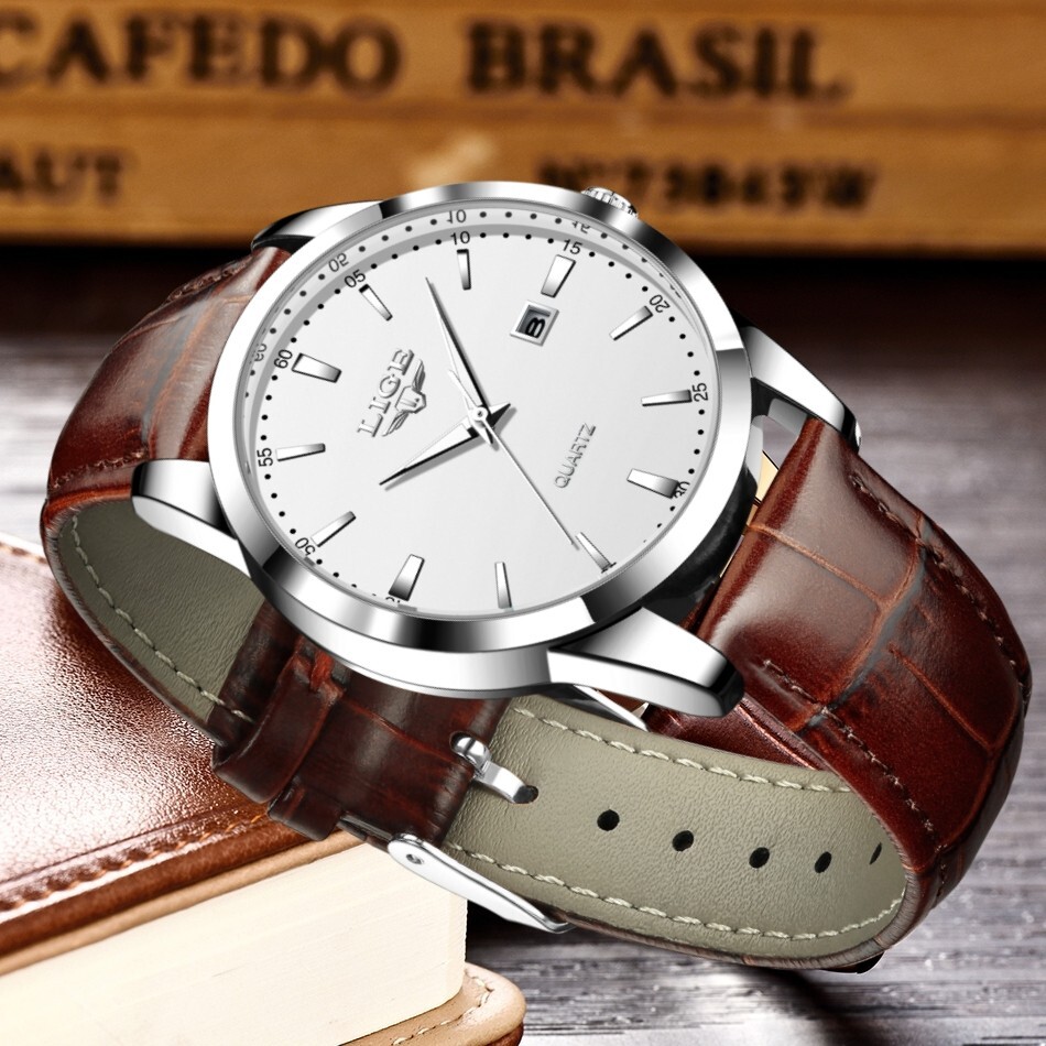 LIGE Men's Watch Quartz Analog Calendar Leather Strap Luminous Luxury ...